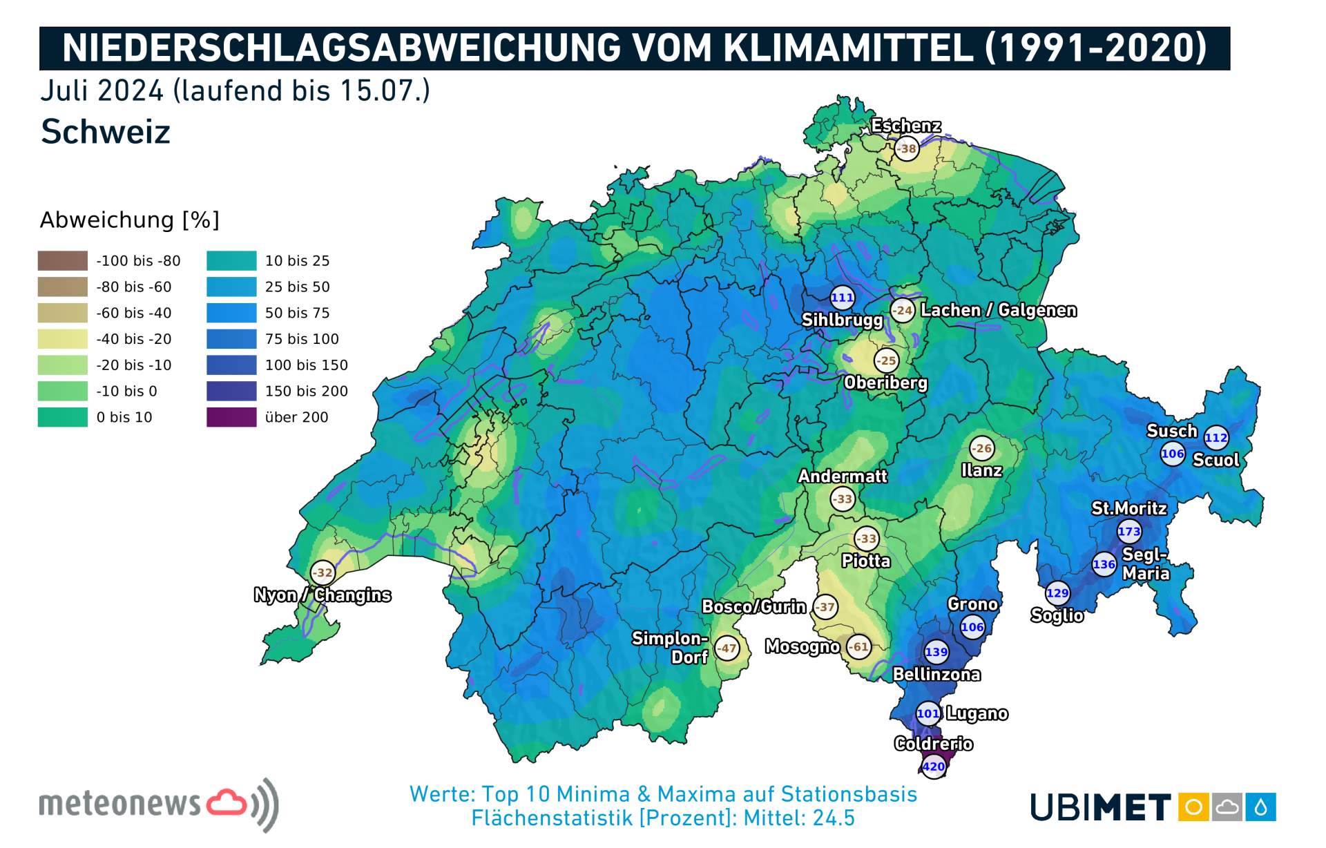 MeteoNews: July mid-term review: too cloudy and too wet (16. July 2024)