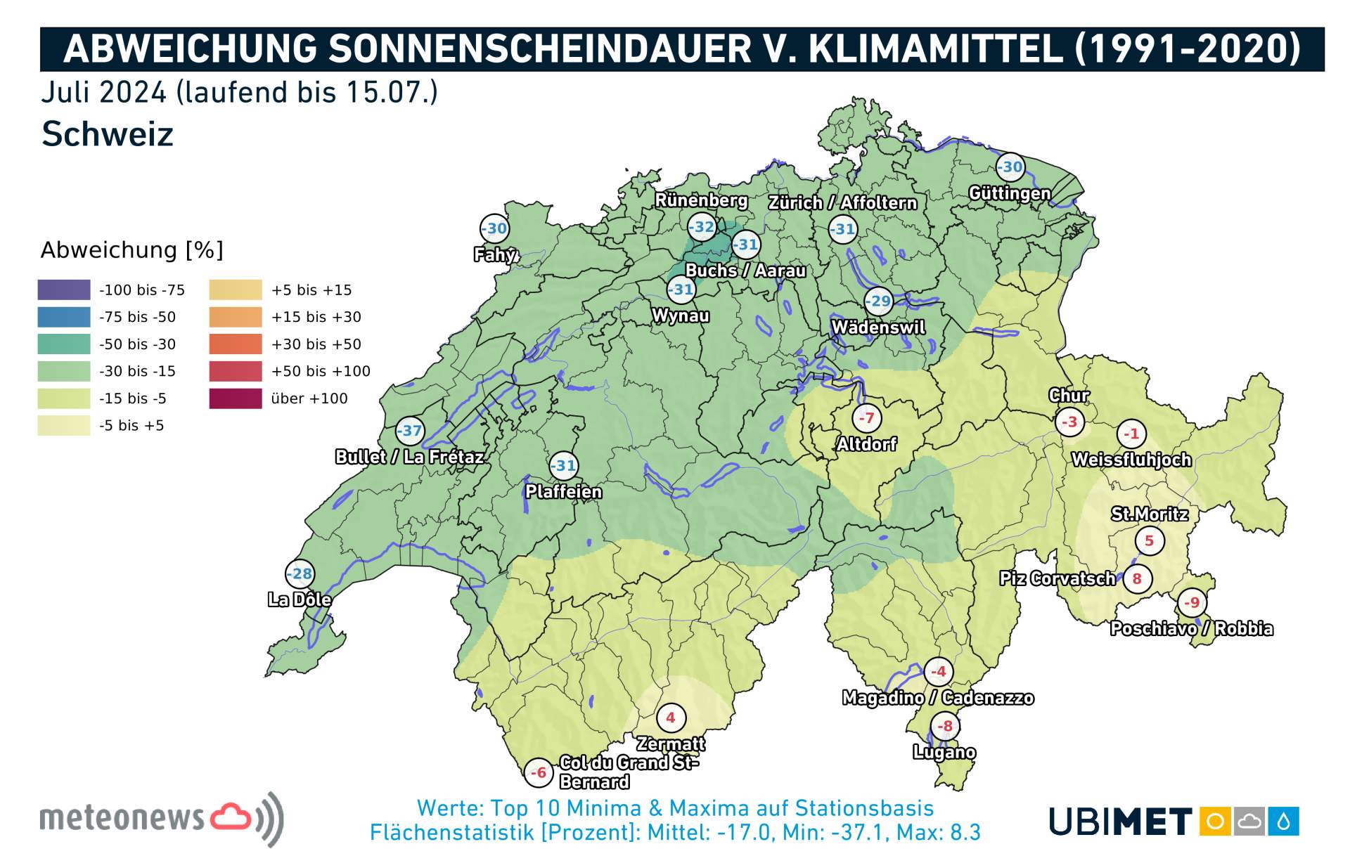 MeteoNews: July mid-term review: too cloudy and too wet (16. July 2024)